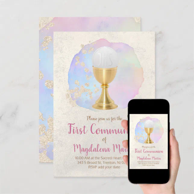 first communion FAUX gold foil and watercolor Invitation | Zazzle