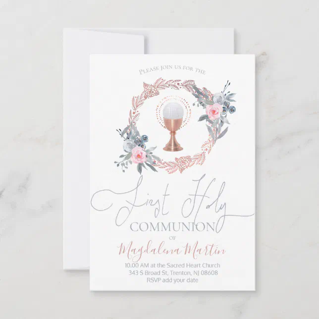 first communion floral circle decor invitation | Zazzle