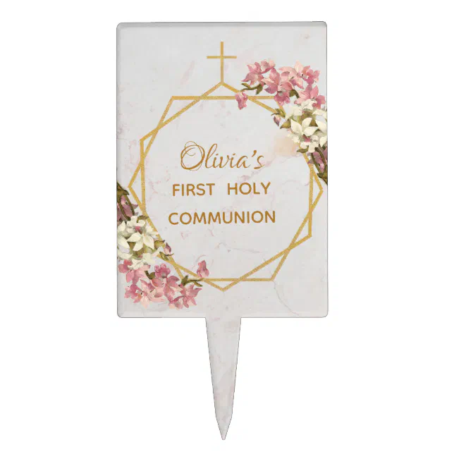 First Communion Floral Gold Pink Orchids Marble Cake Topper | Zazzle