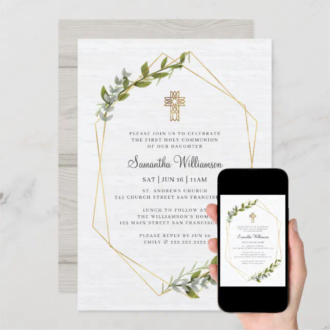 First Communion For Her Rustic Geometric Floral Invitation | Zazzle