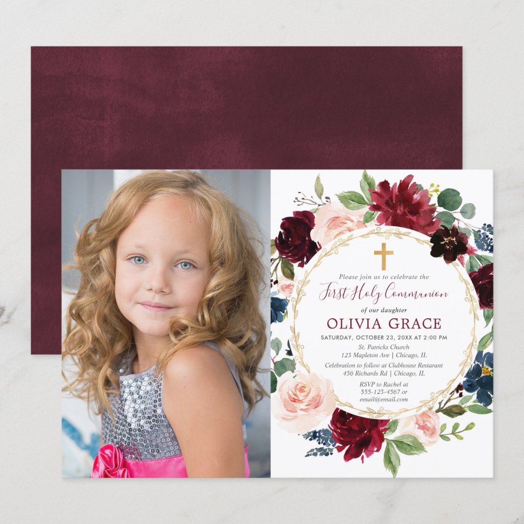 First communion girl burgundy blush blue photo invitation | Zazzle
