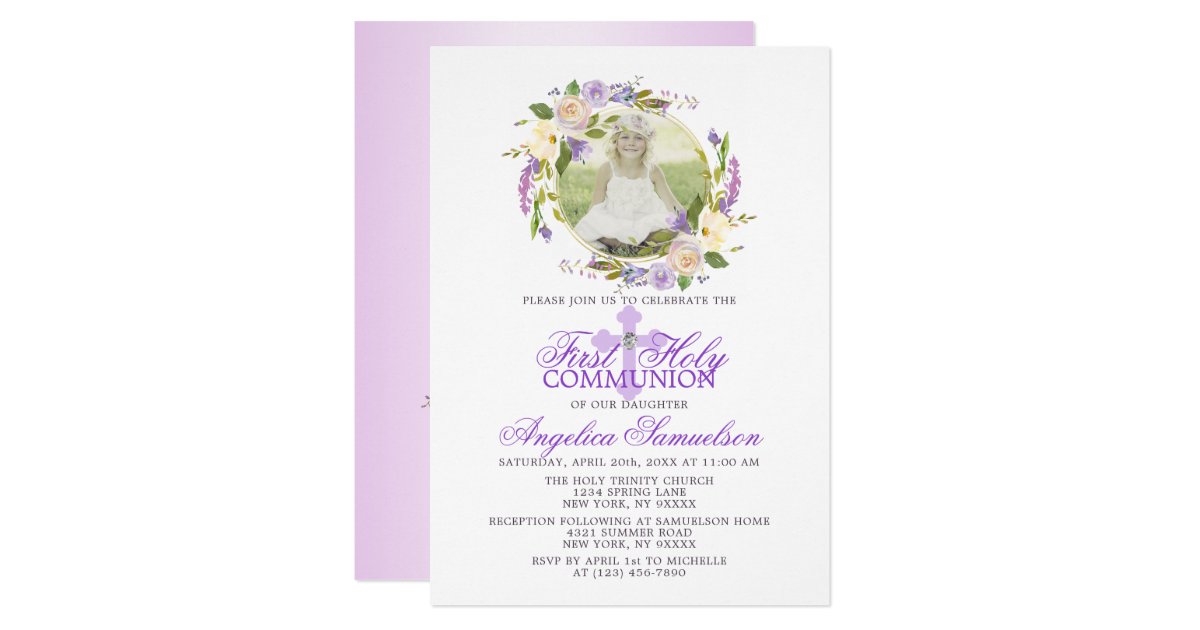 First Communion Girl Floral Purple Lavender PHOTO Invitation | Zazzle.com