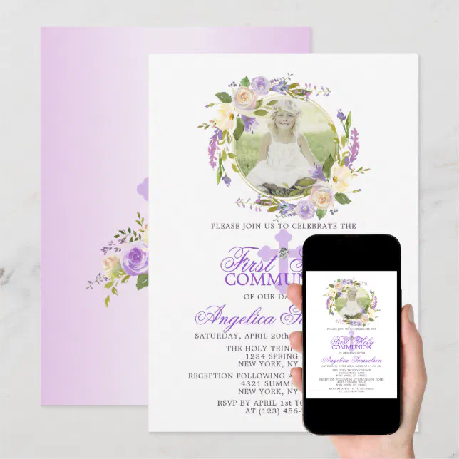 First Communion Girl Floral Purple Lavender PHOTO Invitation | Zazzle