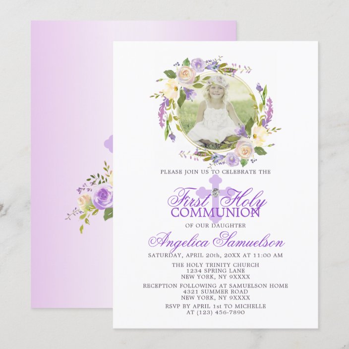First Communion Girl Floral Purple Lavender PHOTO Invitation | Zazzle.com