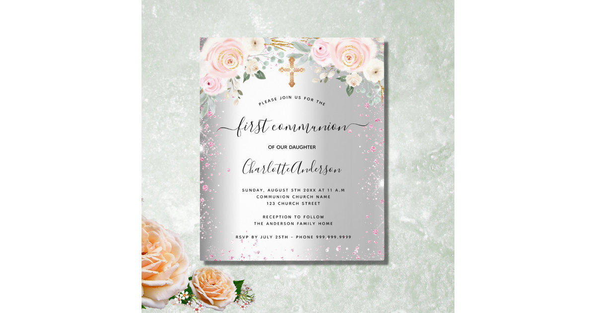 First communion girl silver pink floral invitation flyer | Zazzle