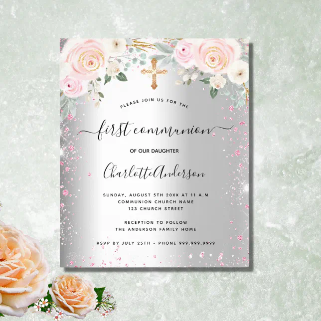 First communion girl silver pink floral invitation flyer | Zazzle