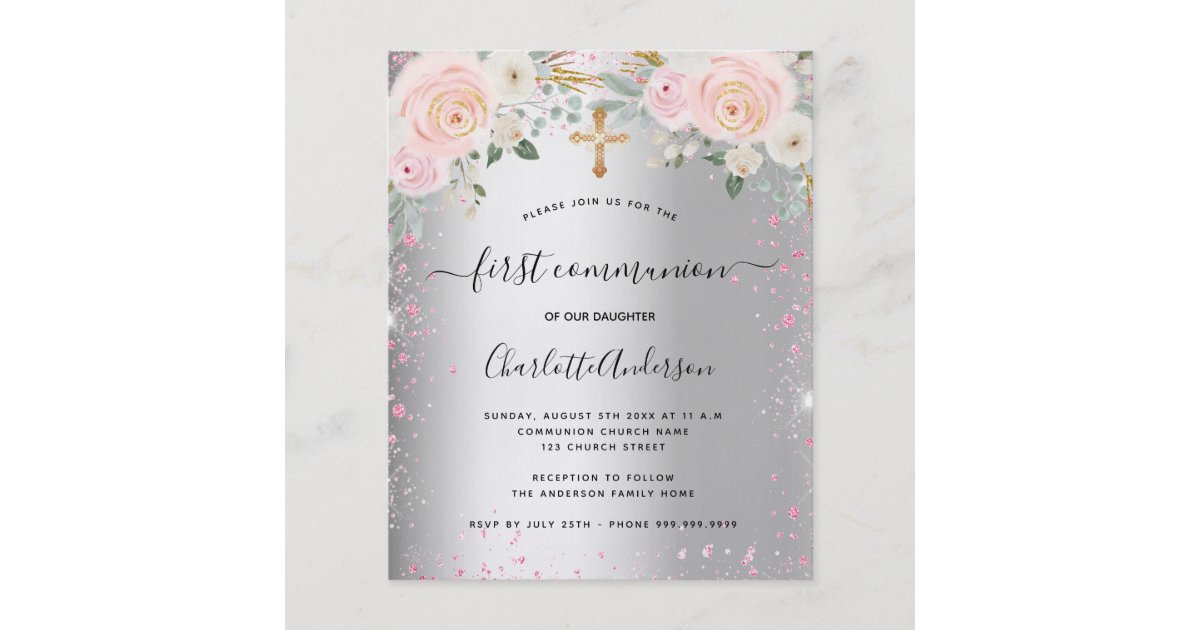 First communion girl silver pink floral invitation flyer | Zazzle