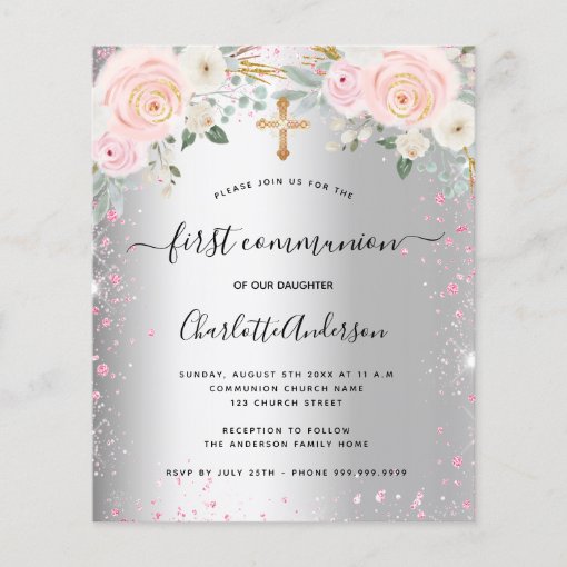 First communion girl silver pink floral invitation flyer | Zazzle