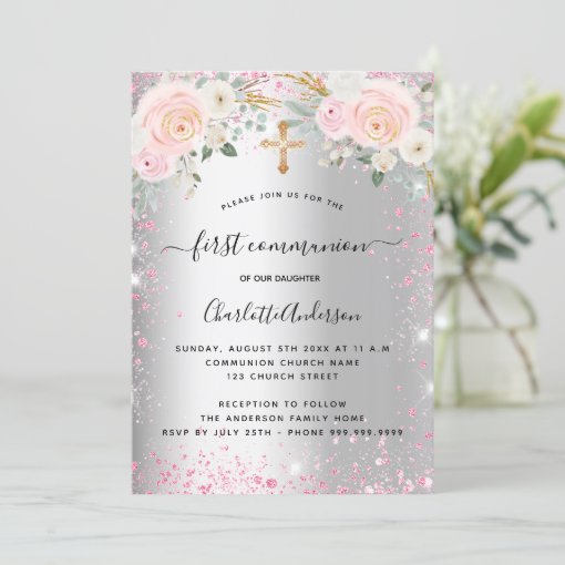 First communion girl silver pink florals sparkles invitation | Zazzle