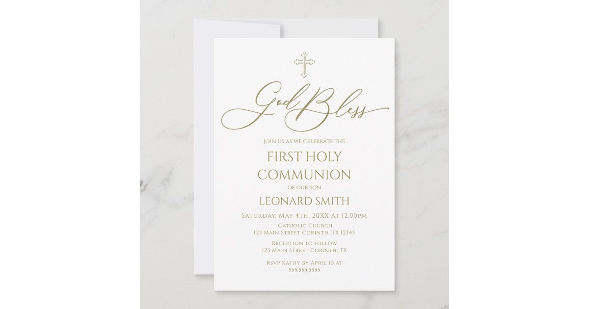 First Communion God Bless gold Invitation | Zazzle