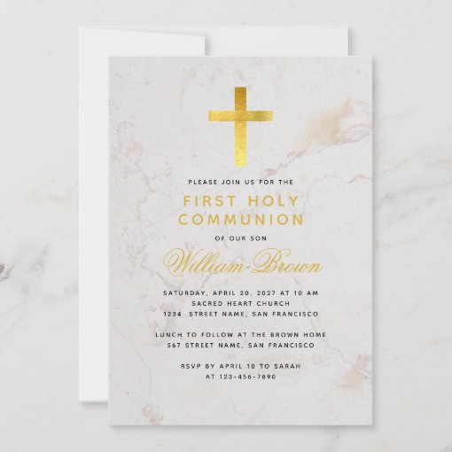 First Communion Gold Cross Marble Elegant Script Invitation | Zazzle