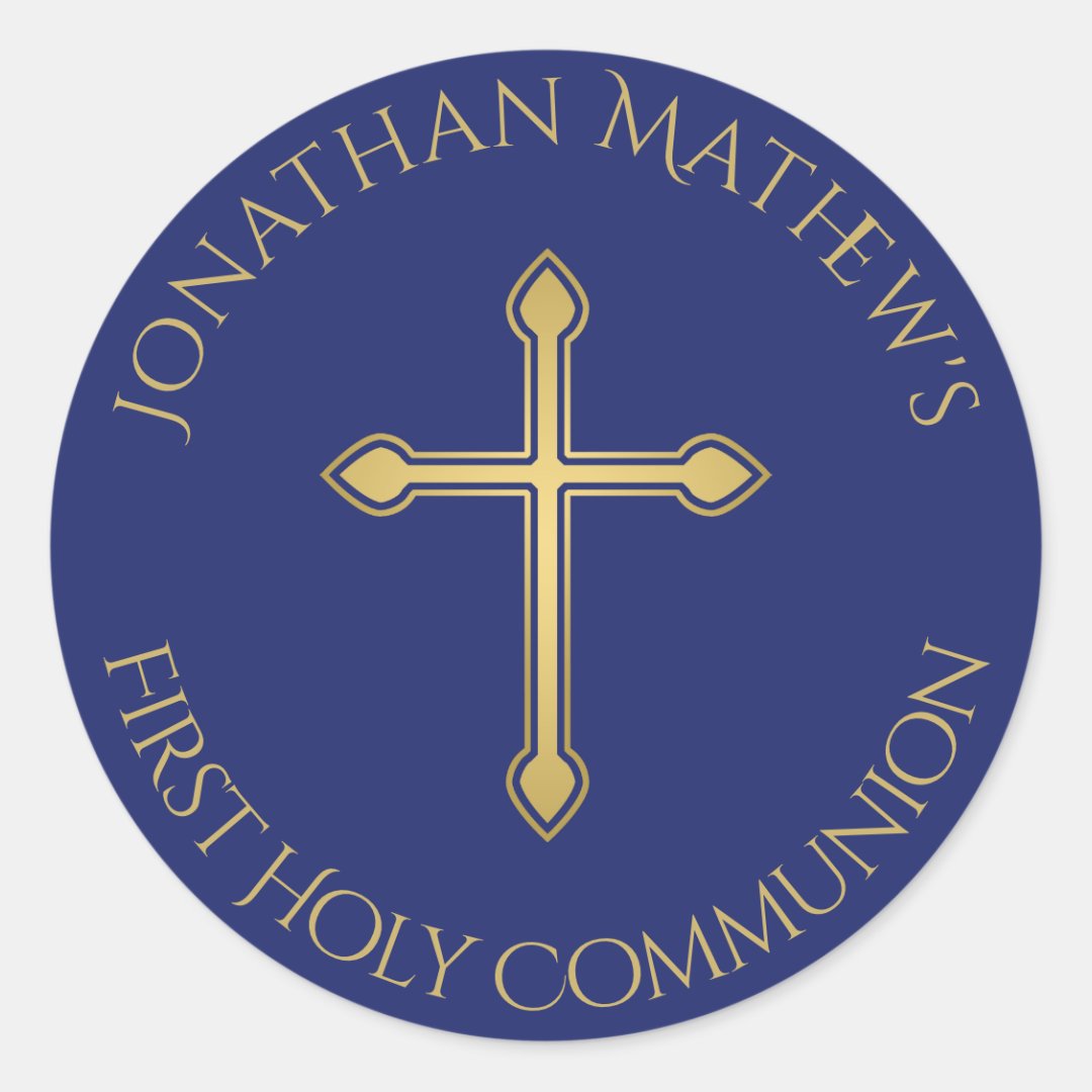 First Communion Gold Cross Monogrammed Name Blue Classic Round Sticker ...