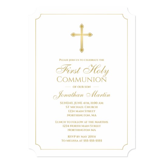 First Communion Gold Cross w/ White Christian Invitation | Zazzle.com