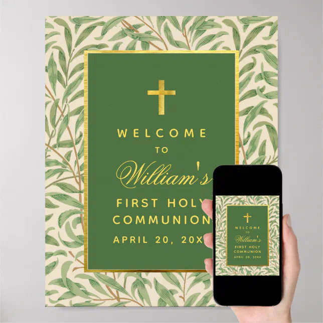 First Communion Green Gold Greenery Welcome Sign | Zazzle