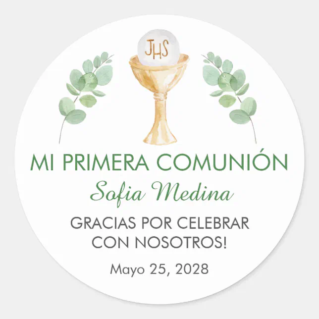 First Communion Green Leaves Primera Comunion Classic Round Sticker ...