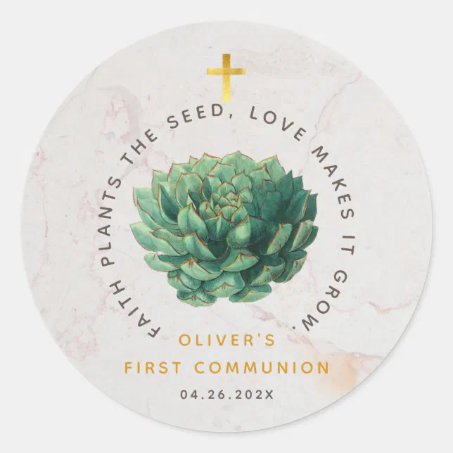 First Communion Green Succulent Faith Plants Seed Classic Round Sticker ...