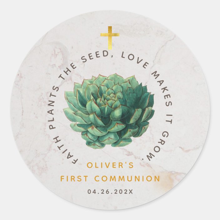 First Communion Green Succulent Faith Plants Seed Classic Round Sticker ...