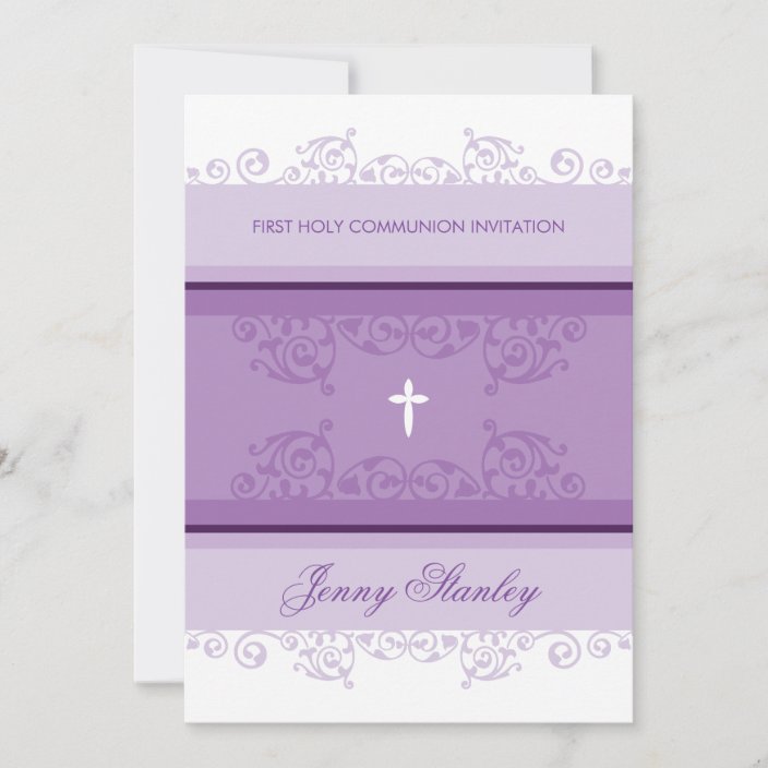 FIRST COMMUNION INVITES pretty curls violet purple | Zazzle