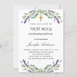 First communion lavender eucalyptus violet florals invitation | Zazzle