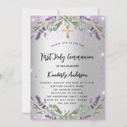 First Communion lavender silver violet luxury Invitation | Zazzle