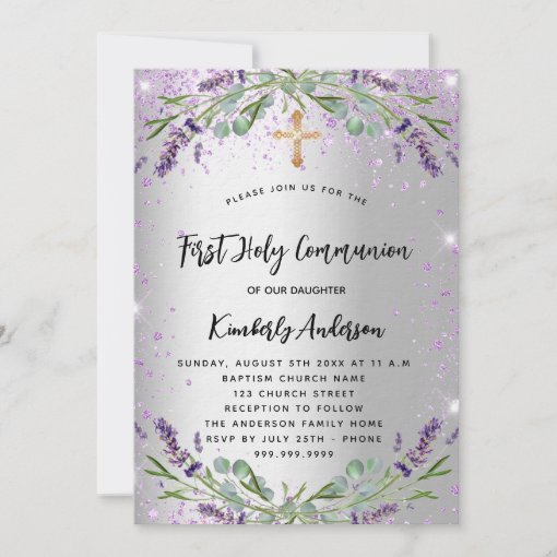 First Communion lavender silver violet luxury Invitation | Zazzle