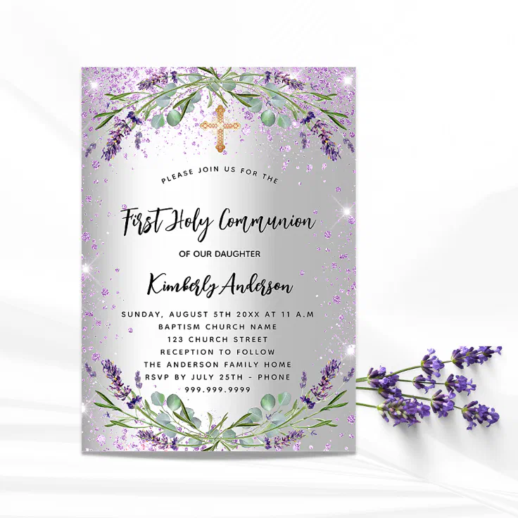 First Communion lavender silver violet luxury Invitation | Zazzle