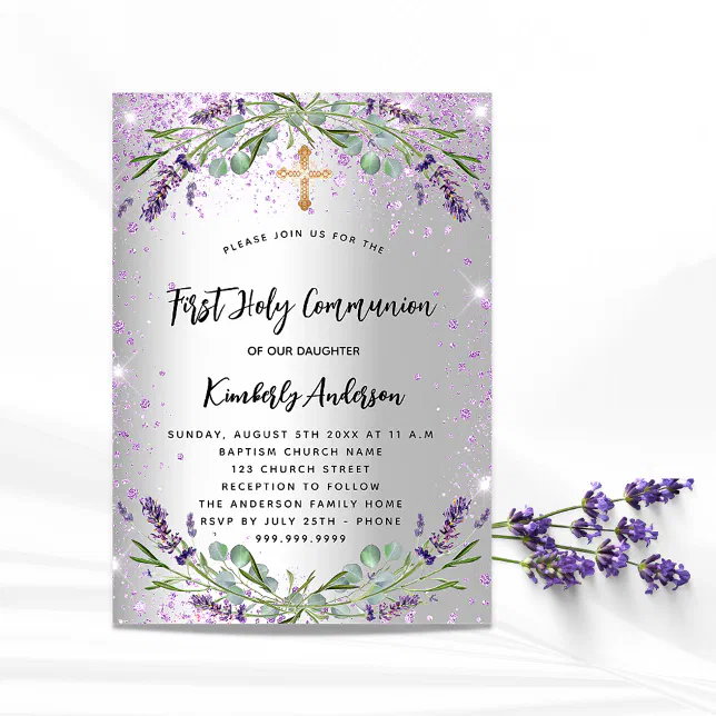First Communion lavender silver violet sparkles Invitation | Zazzle