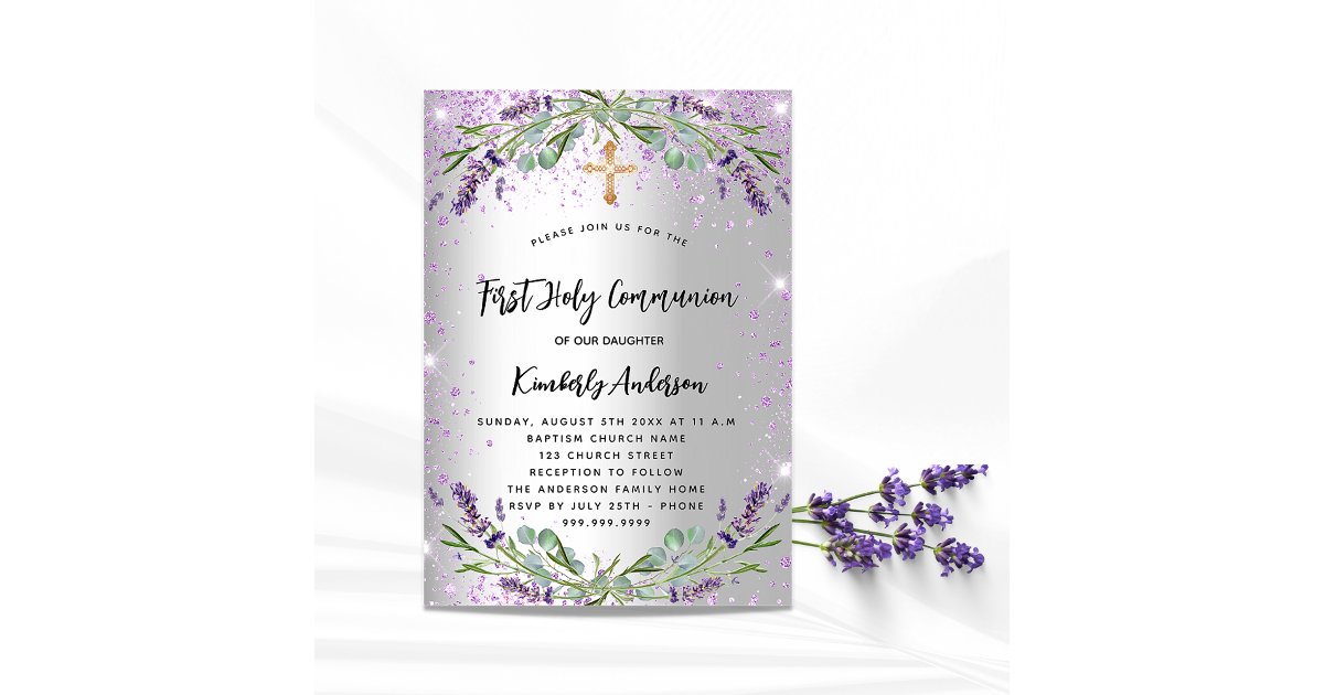 First Communion lavender silver violet sparkles Invitation | Zazzle