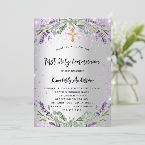 First Communion lavender silver violet sparkles Invitation | Zazzle