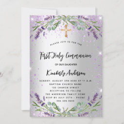 First Communion lavender silver violet sparkles Invitation | Zazzle