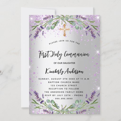 First Communion lavender silver violet sparkles Invitation | Zazzle