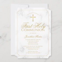 First Communion Marble Elegant Gold Script Boy Invitation | Zazzle