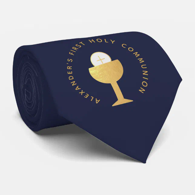 First Communion Navy Blue Faux Gold Chalice & Name Neck Tie | Zazzle