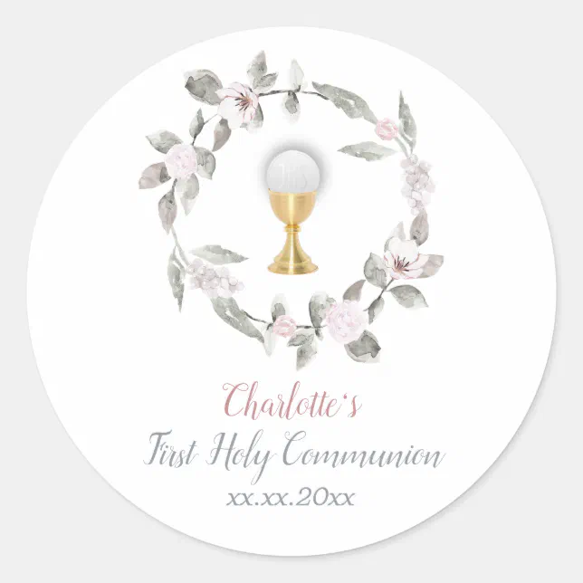 First Communion pale flowers circle Classic Round Sticker | Zazzle