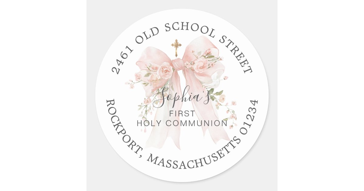 First Communion Pink Bow Return Address Label | Zazzle