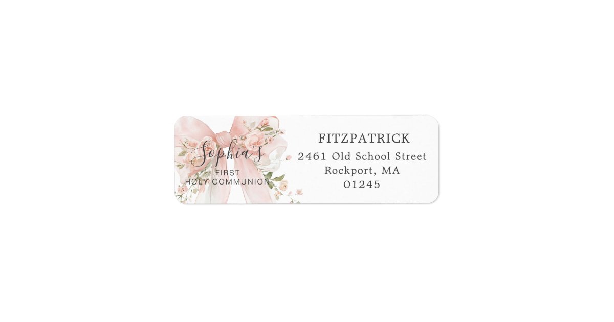 First Communion Pink Bow Roses Return Address Label | Zazzle