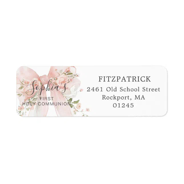 First Communion Pink Bow Roses Return Address Label | Zazzle