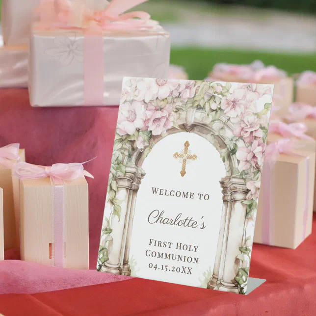 First Communion Pink Florals Arch Cross Welcome Pedestal Sign | Zazzle