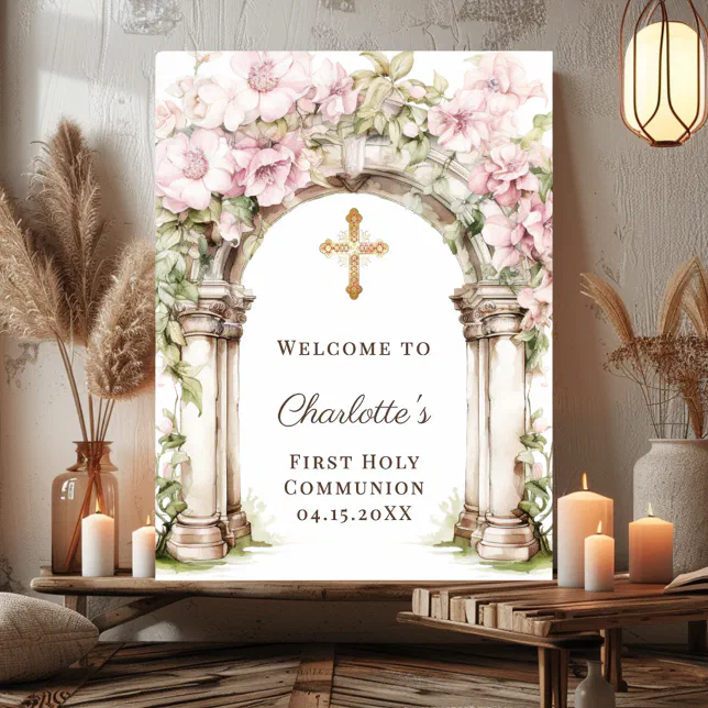 First Communion Pink Florals Arch Cross Welcome Poster | Zazzle