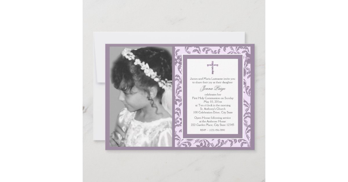 First Communion Purple Floral with Photo Invitation | Zazzle