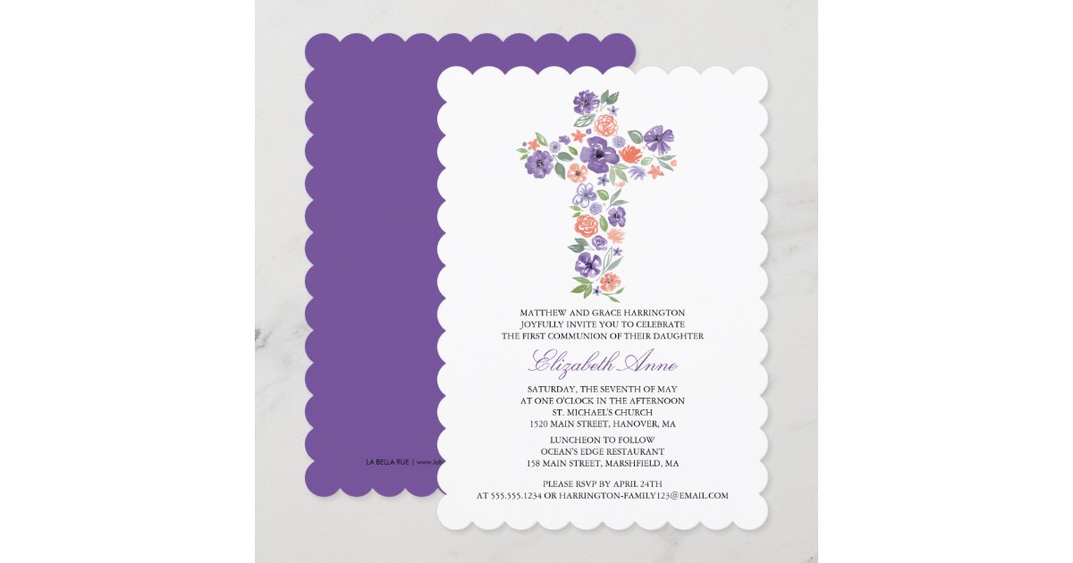 First Communion Purple Watercolor Flower Cross Invitation | Zazzle