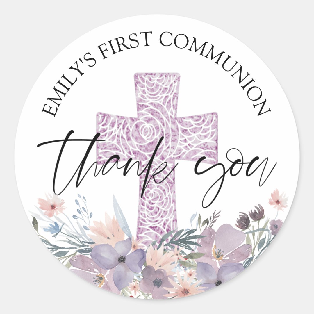 First Communion Purple Wildflowers Thank You Classic Round Sticker | Zazzle