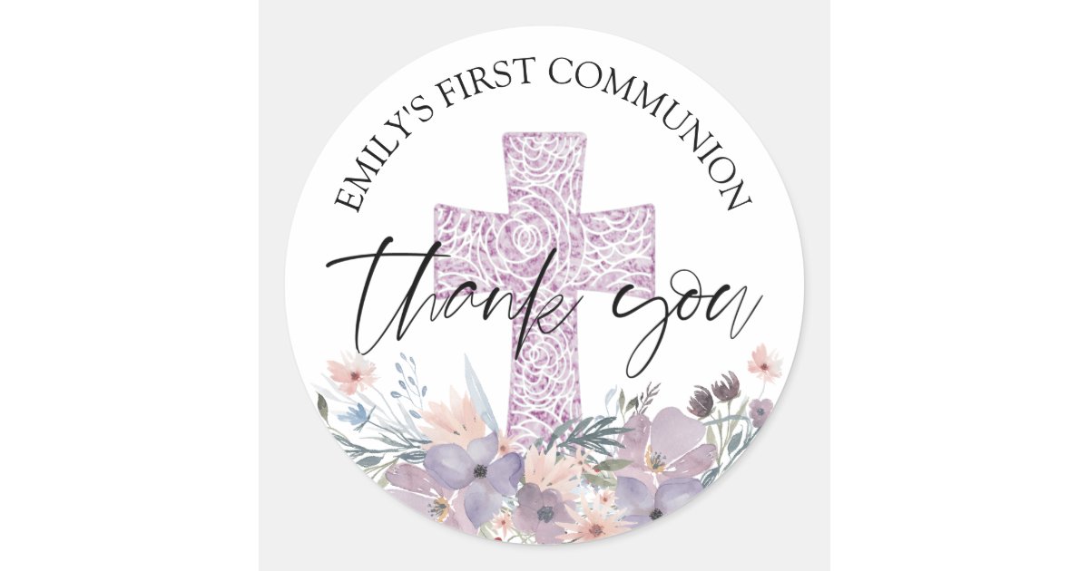 First Communion Purple Wildflowers Thank You Classic Round Sticker | Zazzle