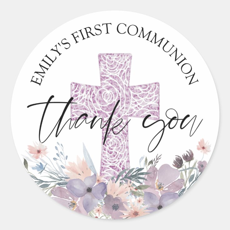 First Communion Purple Wildflowers Thank You Classic Round Sticker | Zazzle