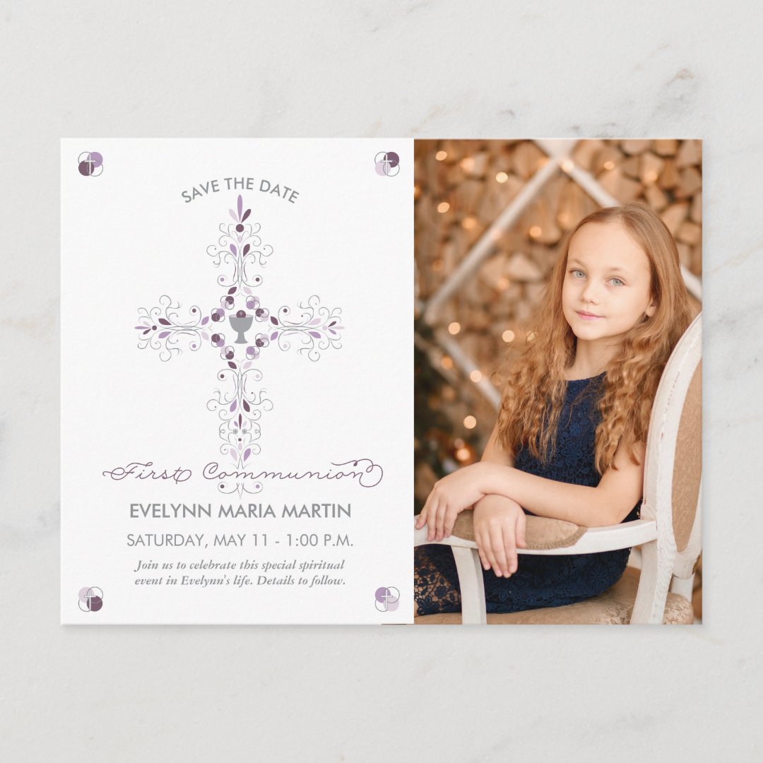 First Communion Save The Date Postcard with Photo | Zazzle