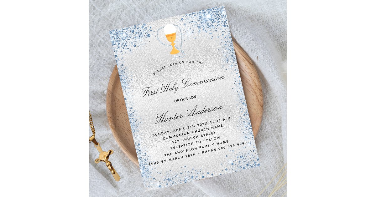 First communion silver blue boy luxury invitation | Zazzle