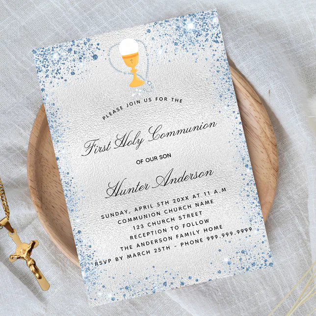 First communion silver blue boy luxury invitation | Zazzle