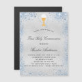 First communion silver blue boy luxury magnetic invitation | Zazzle