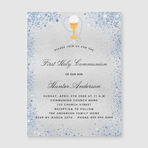 First communion silver blue boy luxury magnetic invitation | Zazzle