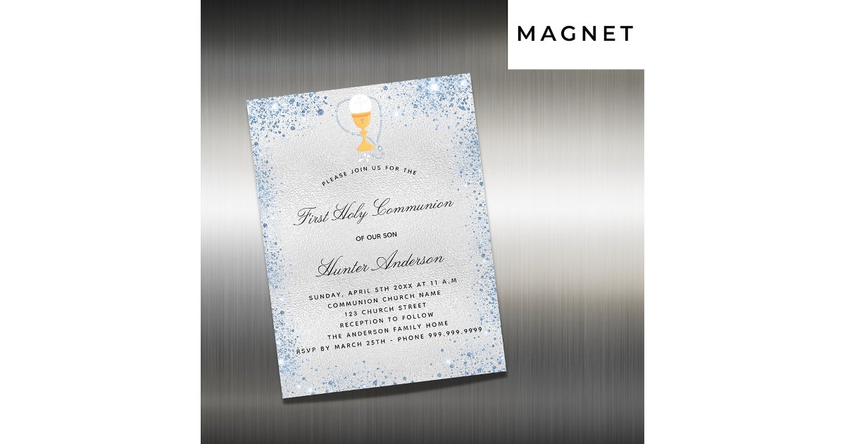 First communion silver blue boy luxury magnetic invitation | Zazzle